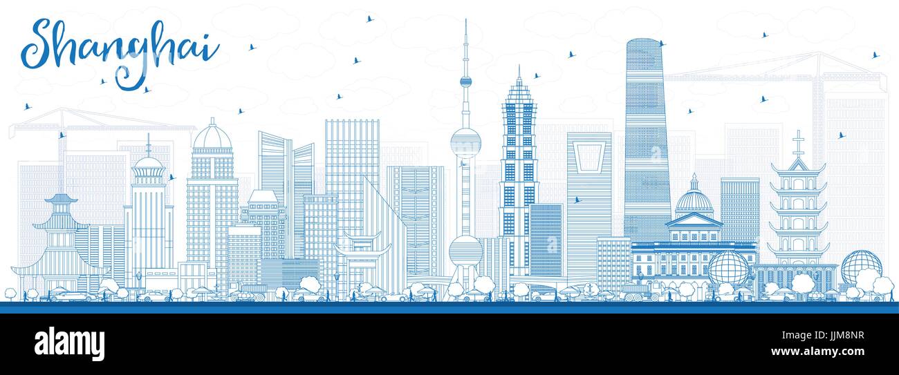 Outline Shanghai Skyline with Blue Buildings. Vector Illustration ...
