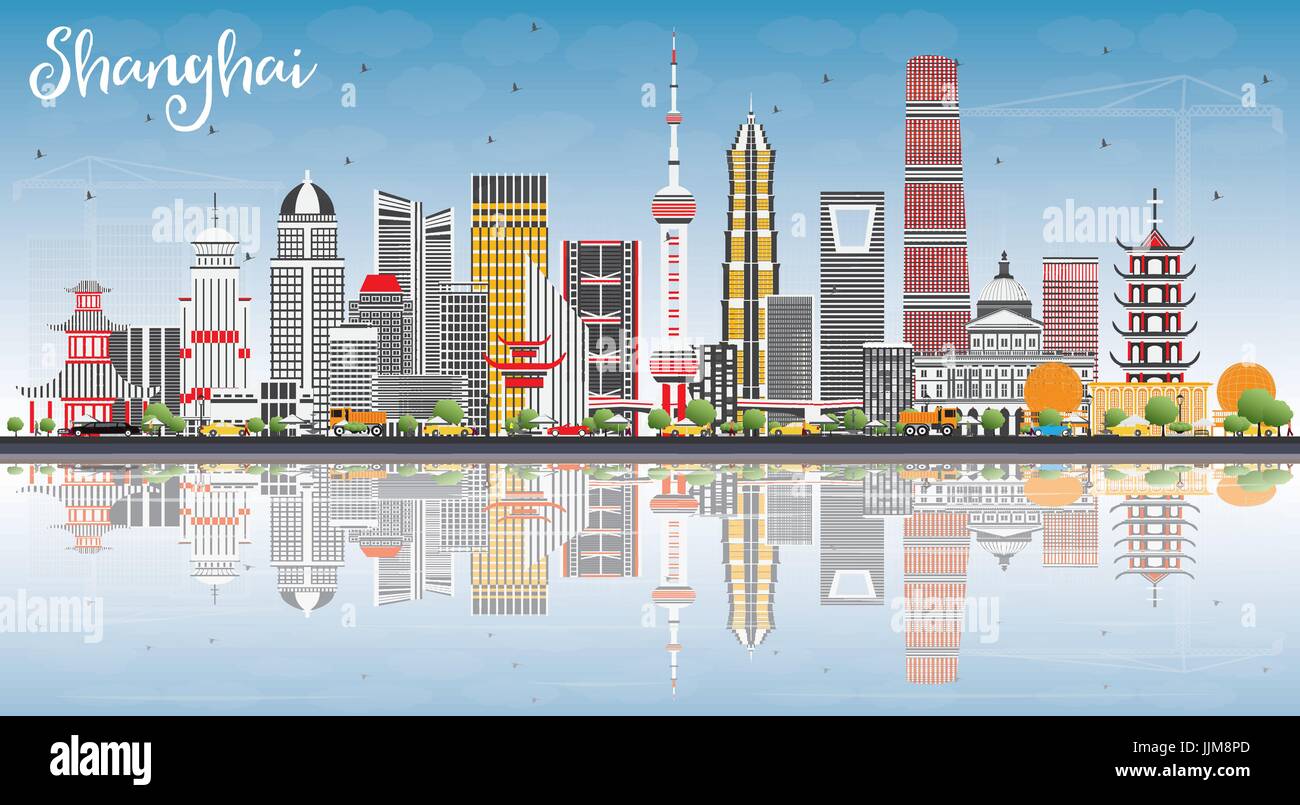 Shanghai Skyline with Color Buildings, Blue Sky and Reflections. Vector ...
