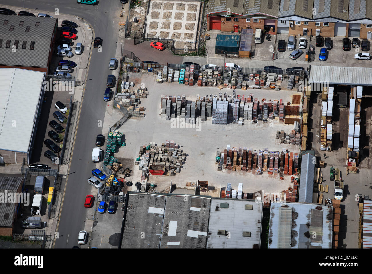 An aerial view of building materials being stored outside at a Builders ...