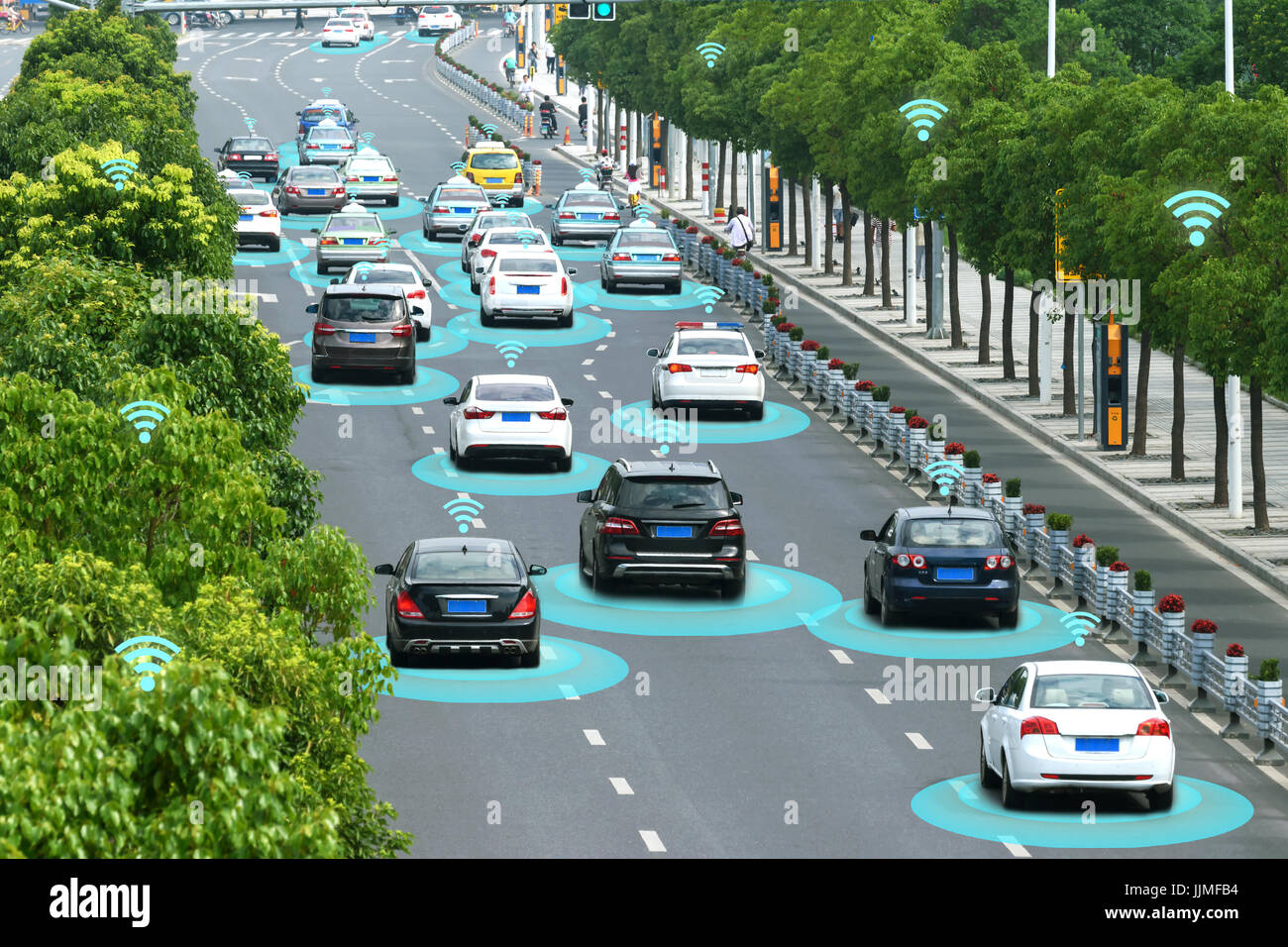 Smart car (HUD) and Autonomous self-driving mode vehicle on metro city ...