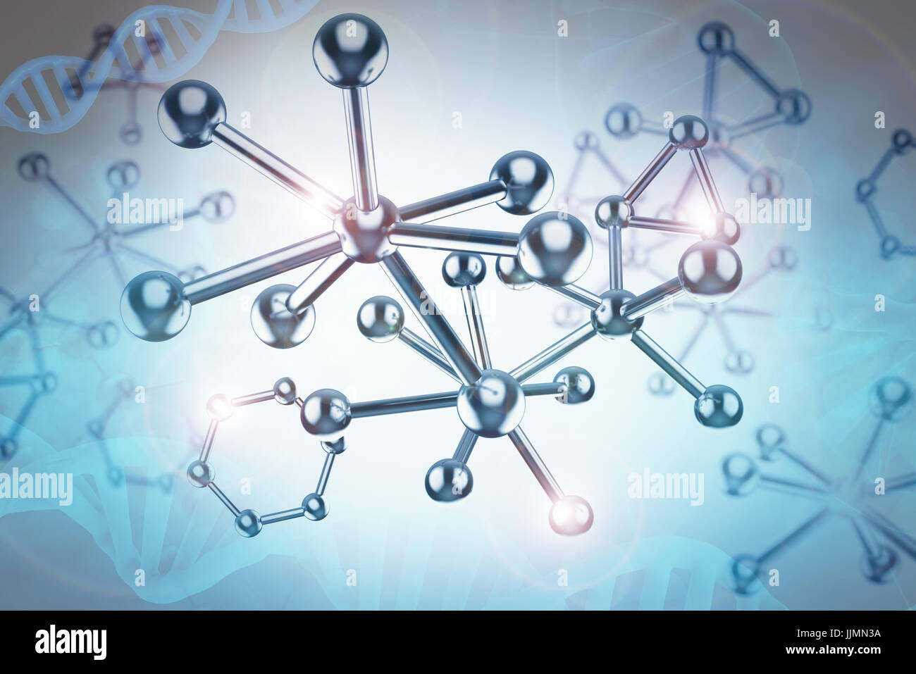 3d rendering blue metal molecule structure with dna helix Stock Photo ...