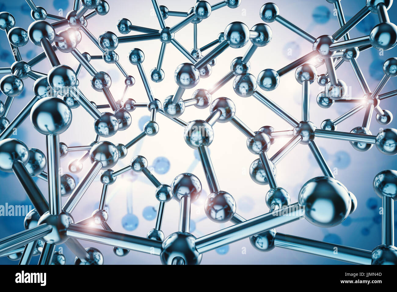 3d rendering blue metal molecule structure on blue background Stock ...