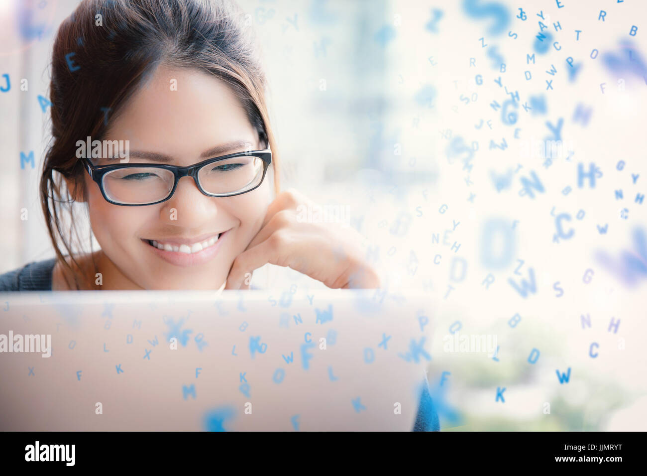 asian woman learning with 3d rendering alphabets Stock Photo - Alamy
