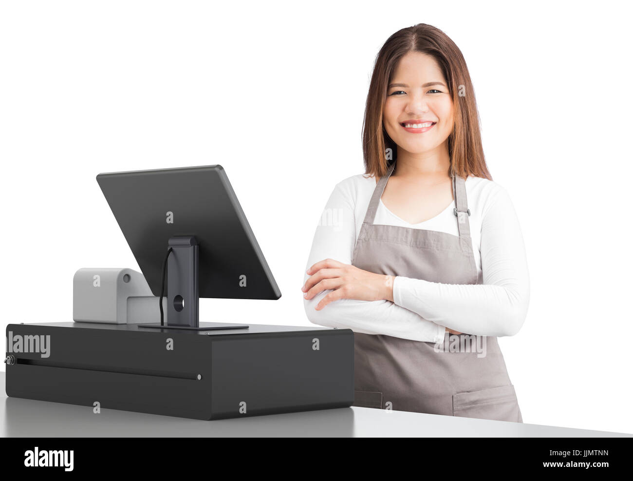 asian worker with 3d rendering cashier desk on white background Stock ...