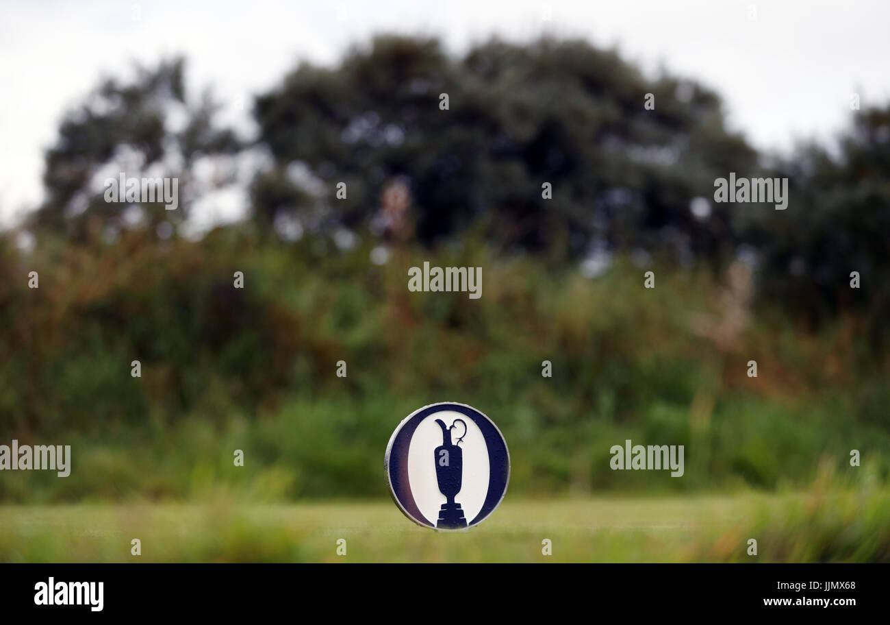 A general view of an Open tee position pin during day one of The Open ...