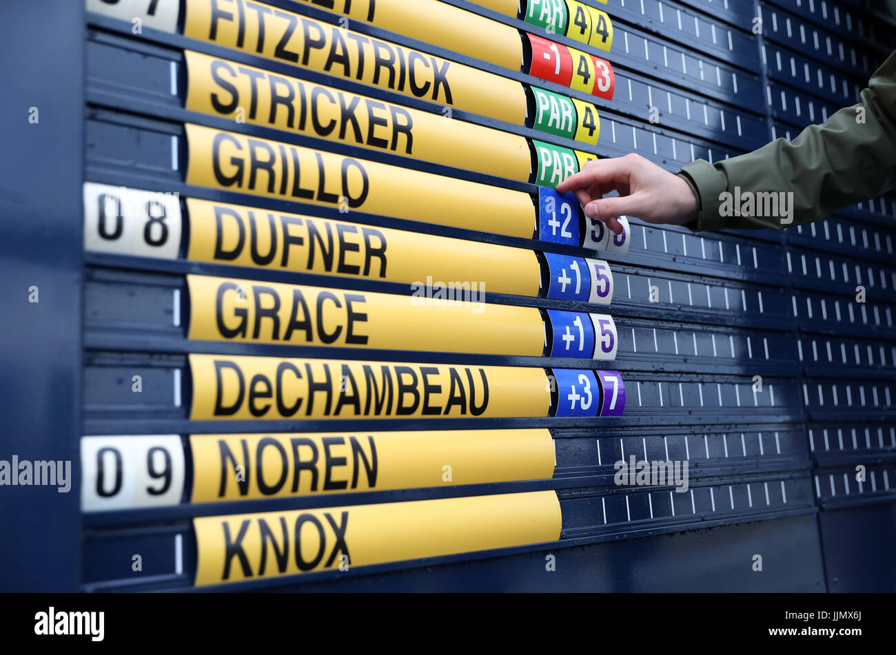 The scoreboard is updated during day one of The Open Championship 2017 ...