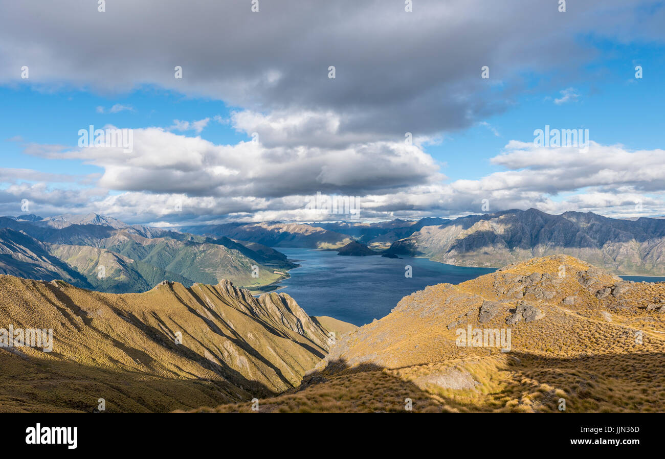 View of lake in mountain landscape, rugged landscape, Lake Hawea, Otago ...