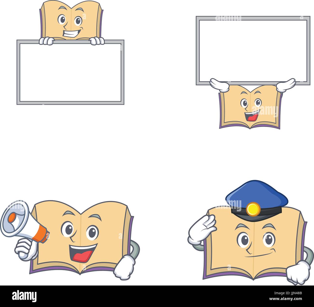 Set of open book character with board megaphone police Stock Vector ...