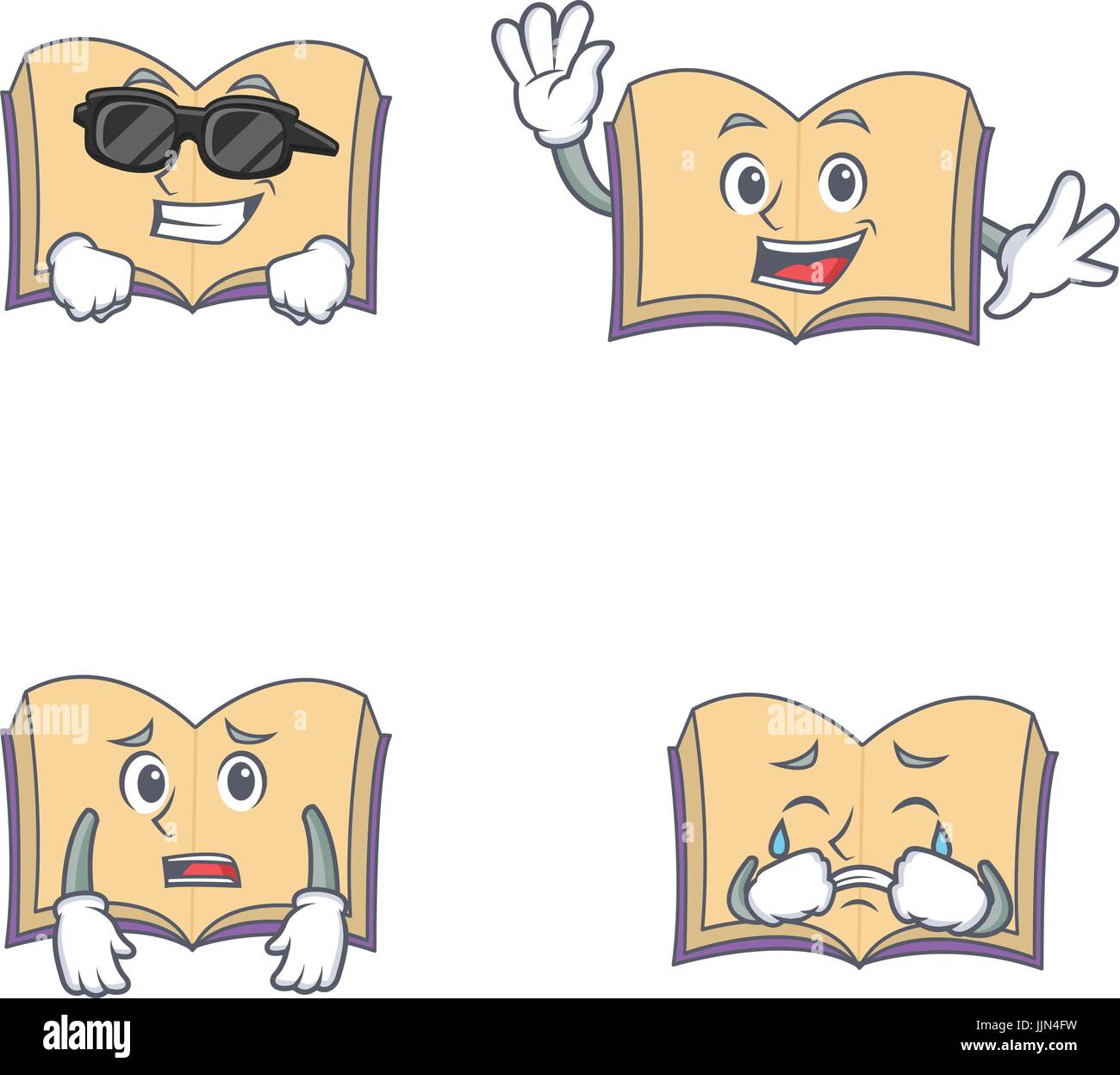 Set of open book character with cool waving afraid crying Stock Vector ...