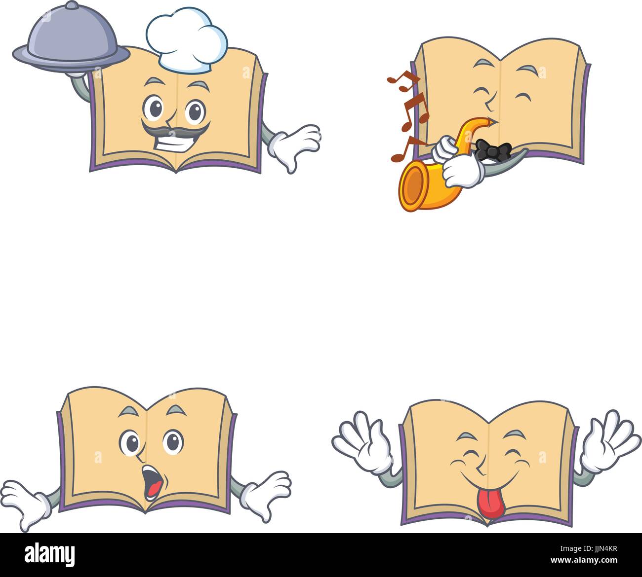 Set of open book character with chef trumpet surprised tongue out Stock ...
