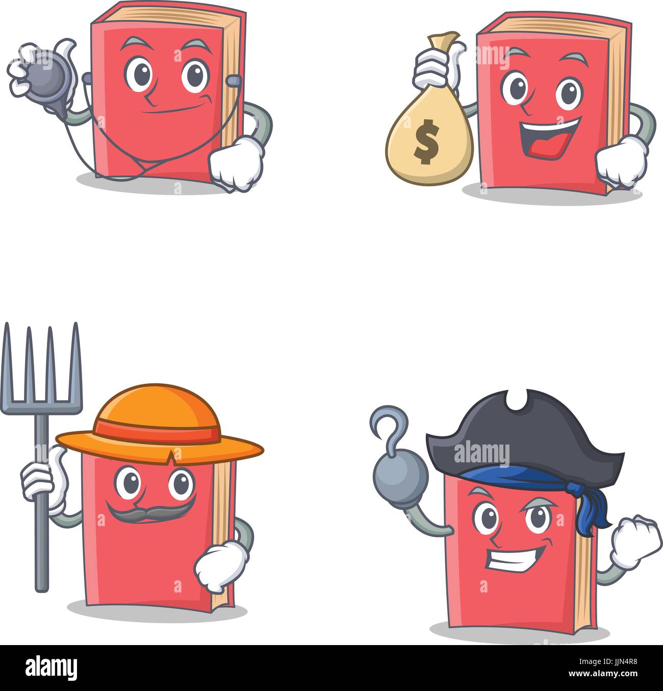 Set of red book character with doctor money bag farmer pirate Stock ...