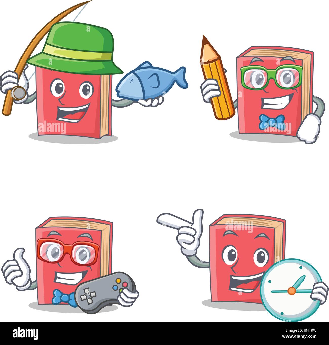 Set of red book character with fishing student gamer clock Stock Vector ...
