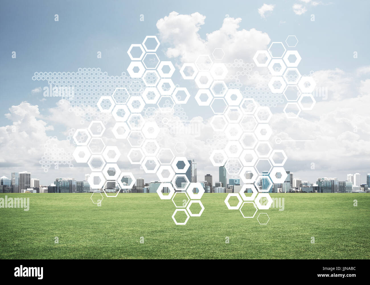 Natural background with modern cityscape green field and media i Stock ...