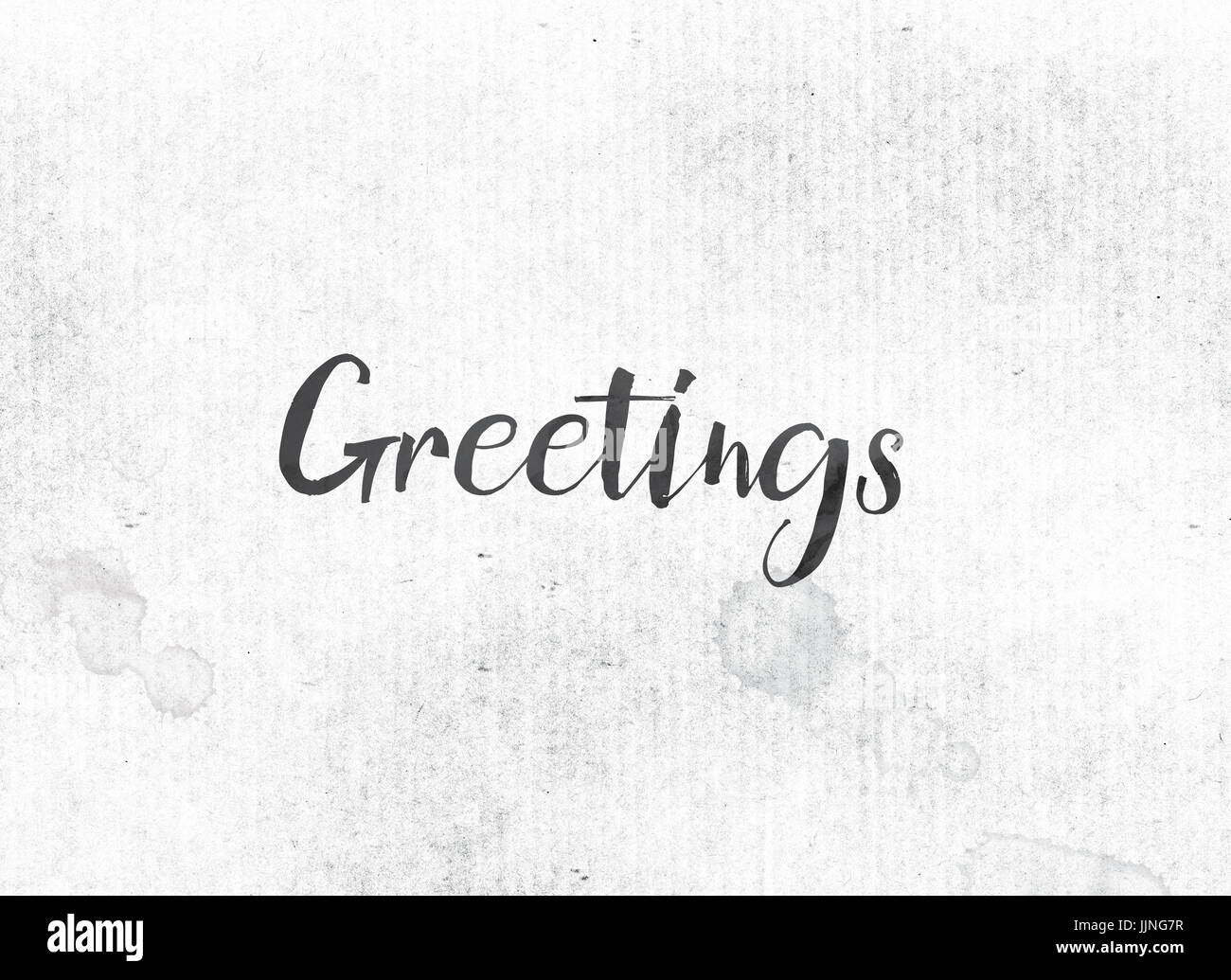 The word Greetings concept and theme painted in black ink on a ...