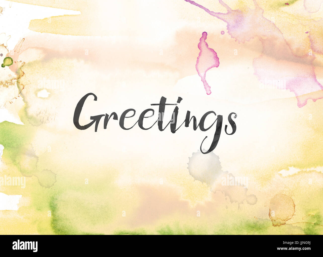 The word Greetings concept and theme written in black ink on a colorful ...