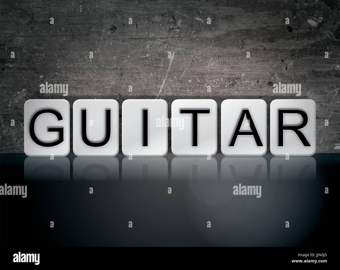 The word Guitar concept and theme written in white tiles on a dark ...