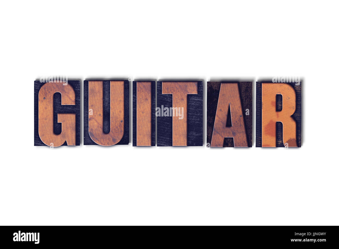 The word Guitar concept and theme written in vintage wooden letterpress ...