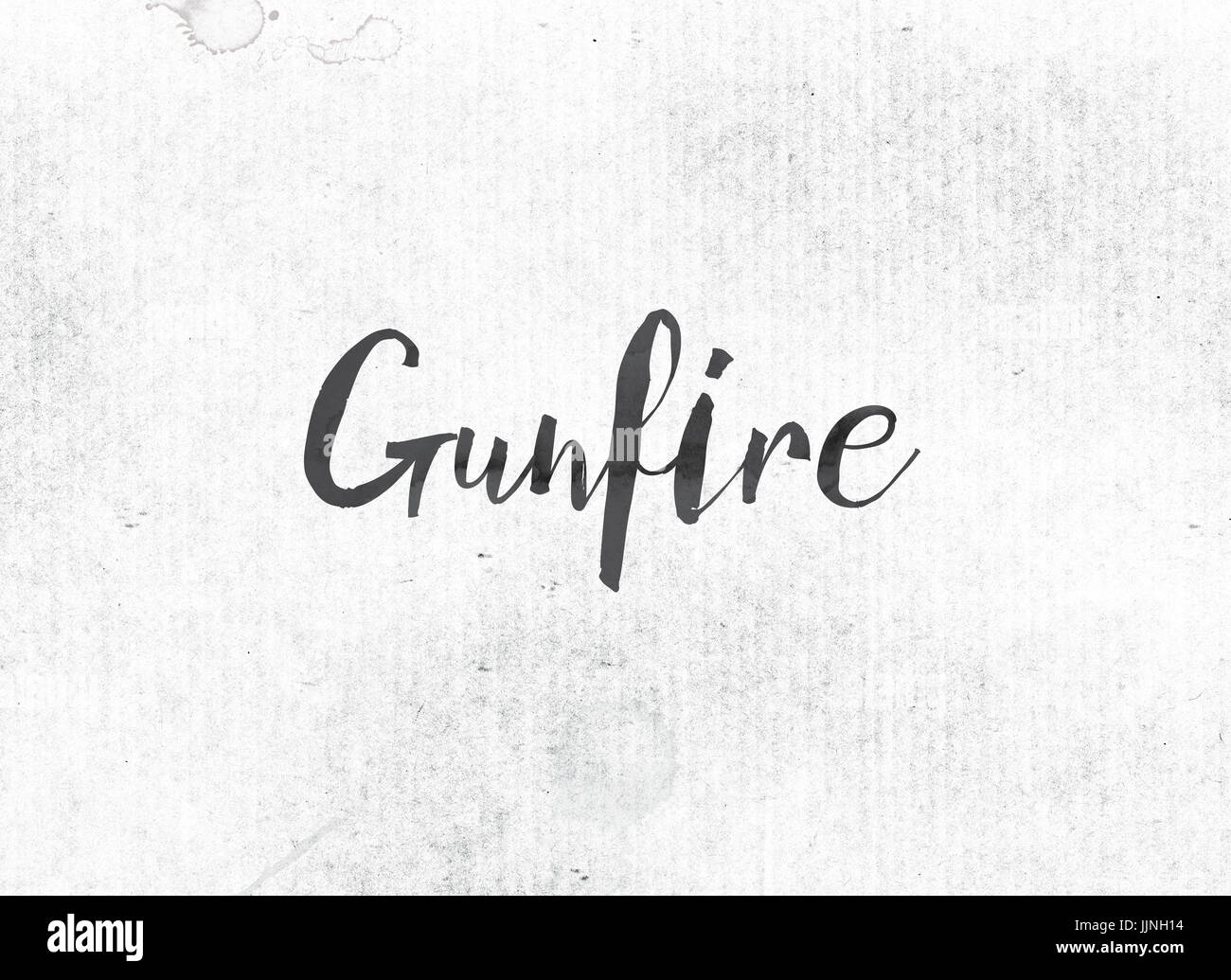 The word Gunfire concept and theme painted in black ink on a watercolor ...