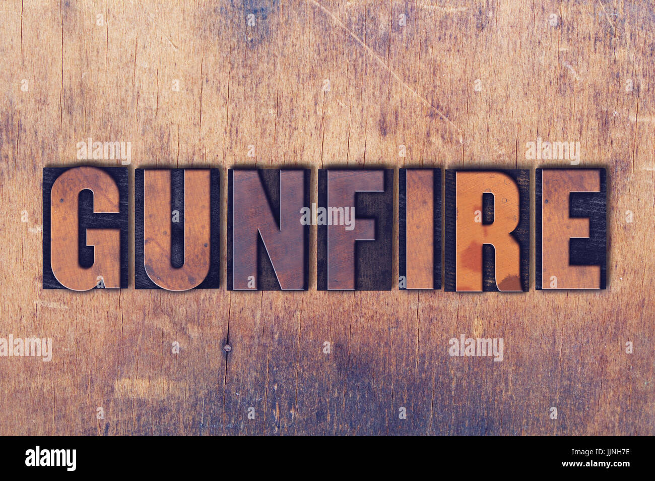 The word Gunfire concept and theme written in vintage wooden ...