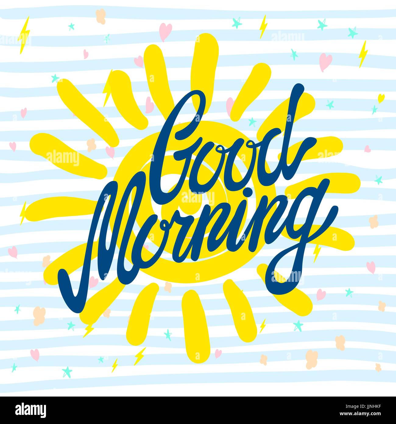 Good morning calligraphic inscription and hand-drawn yellow sun on a ...