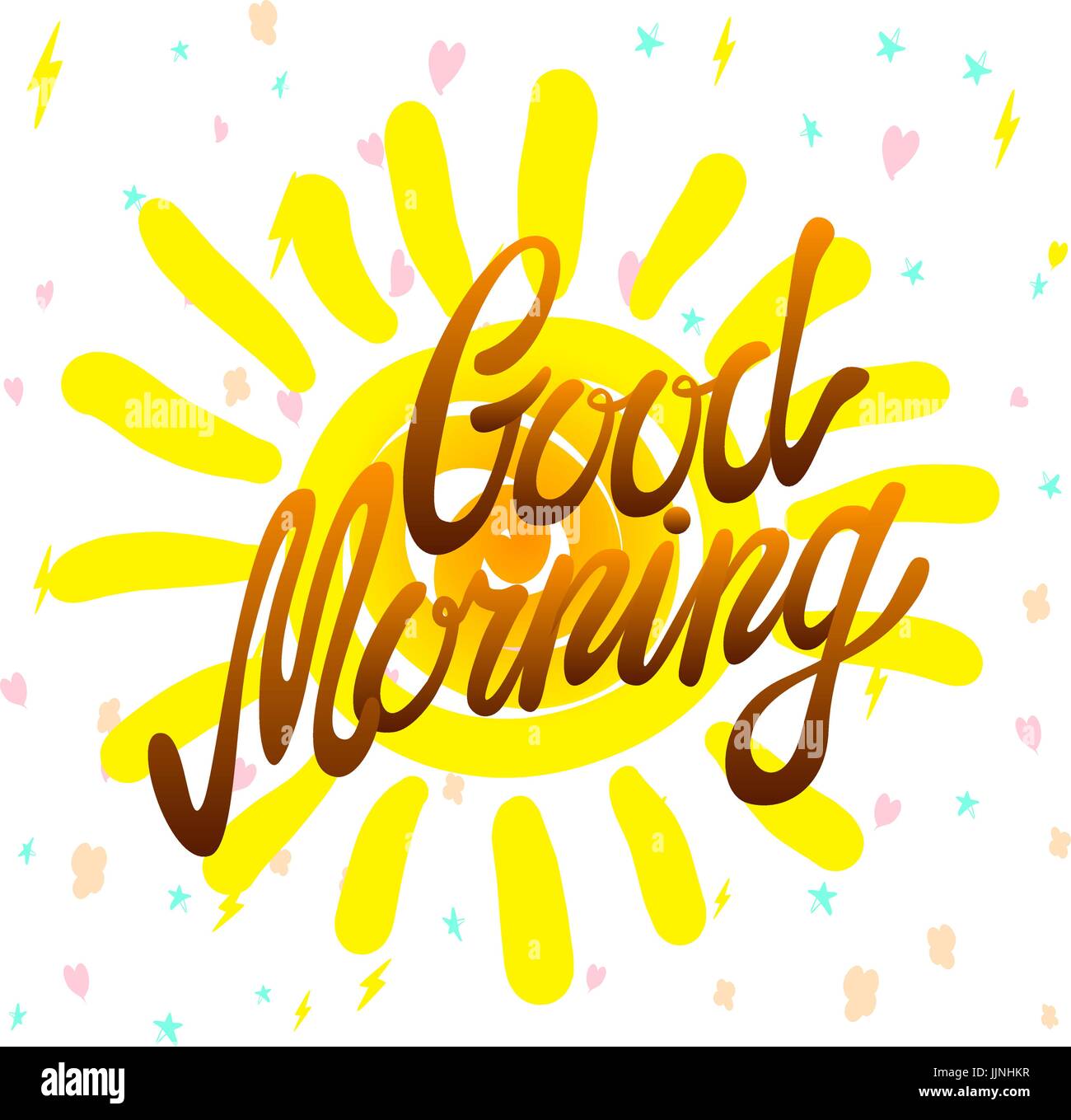 Good morning calligraphic inscription and hand-drawn yellow sun on a ...