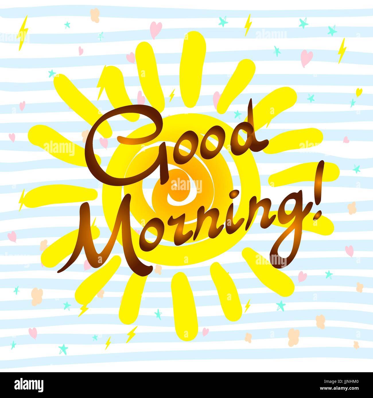 Good morning calligraphic inscription and hand-drawn yellow sun on a ...