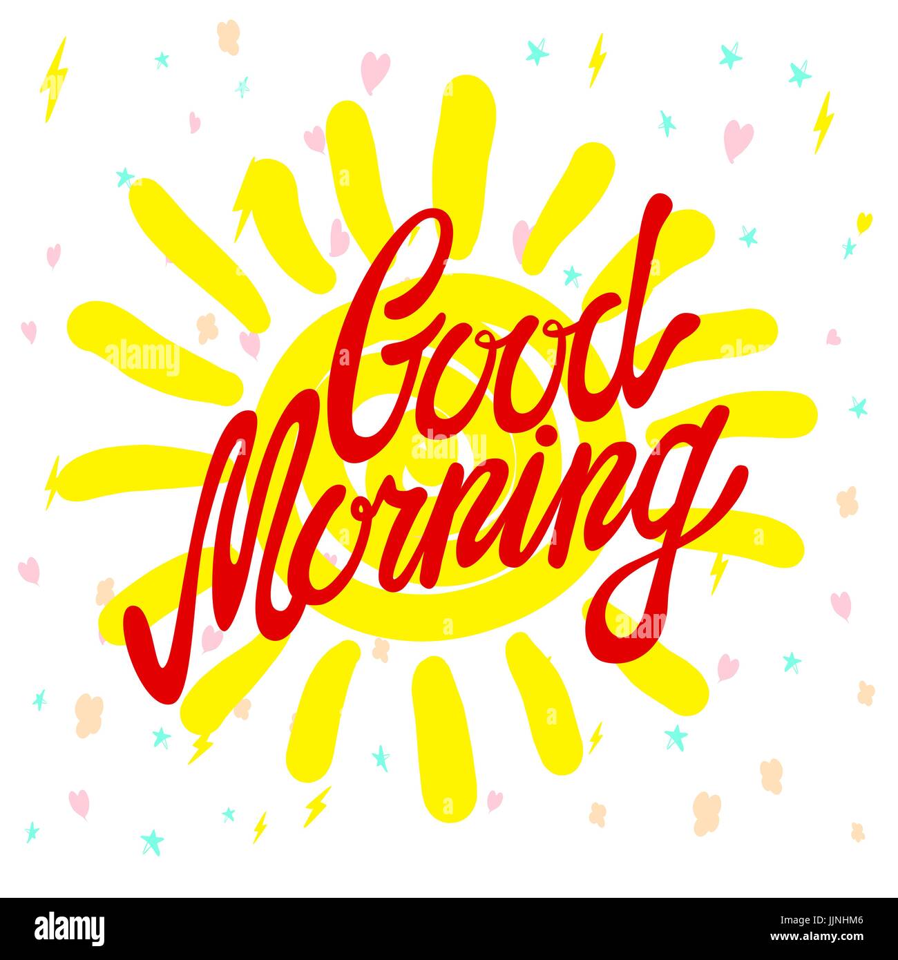 Good morning calligraphic inscription and hand-drawn yellow sun on a ...