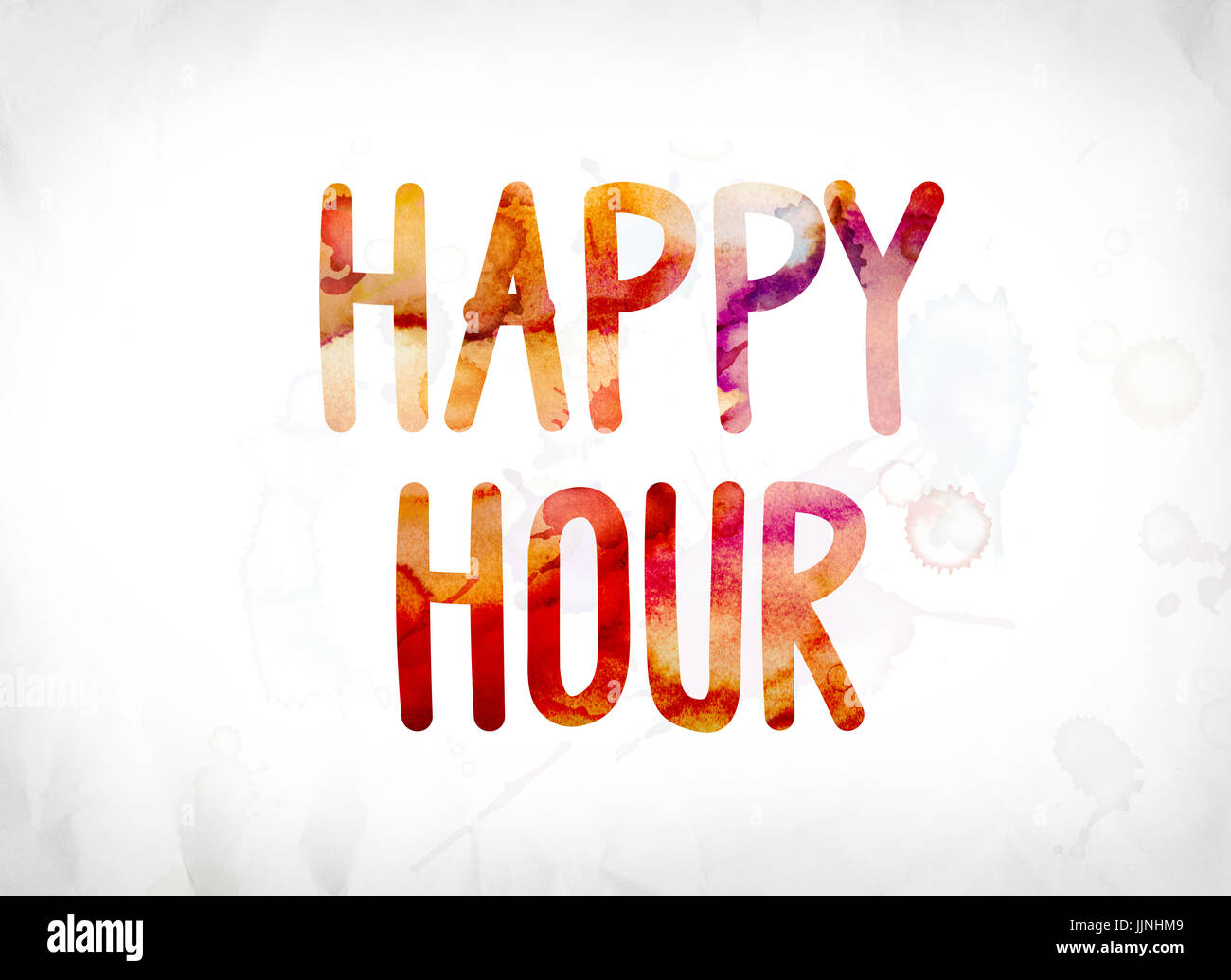 The words Happy Hour concept and theme painted in colorful watercolors ...