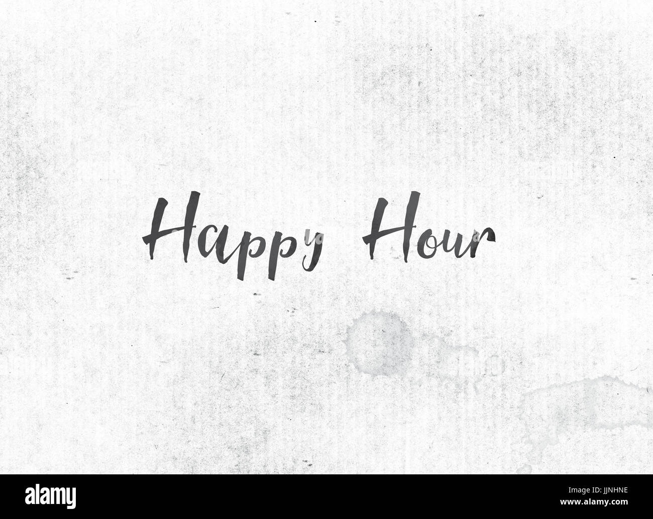 The words Happy Hour concept and theme painted in black ink on a ...