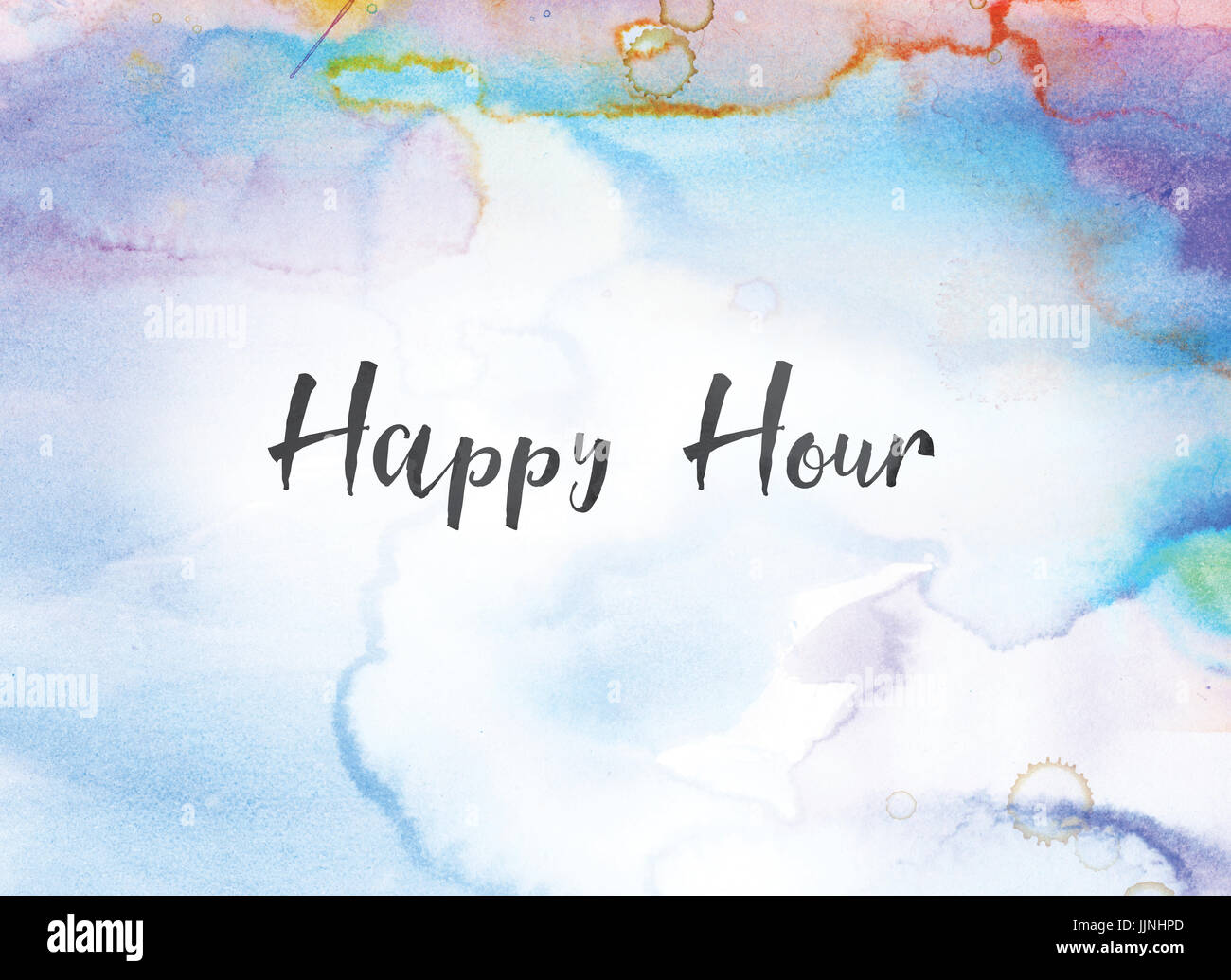 The words Happy Hour concept and theme written in black ink on a ...