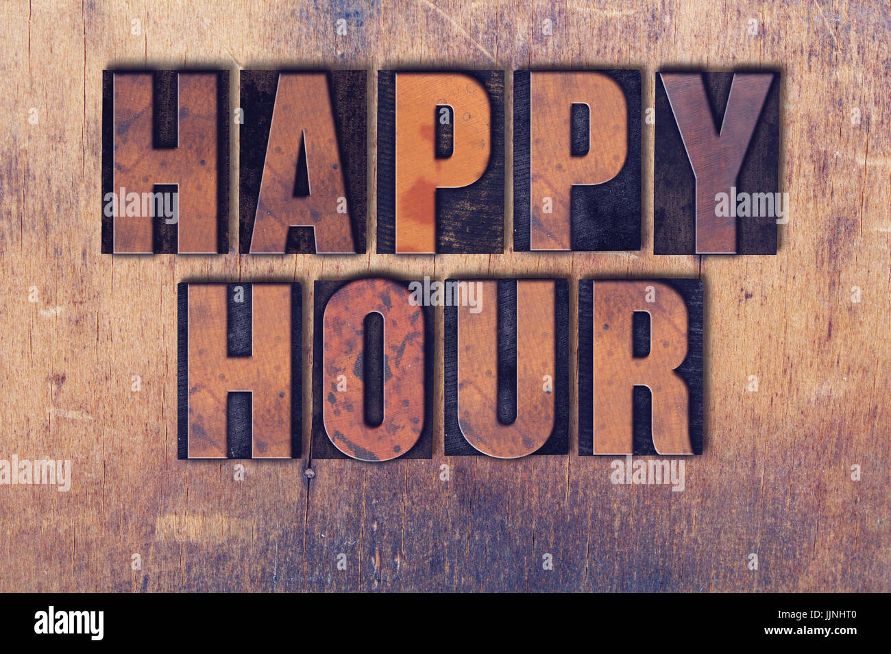 The words Happy Hour concept and theme written in vintage wooden ...