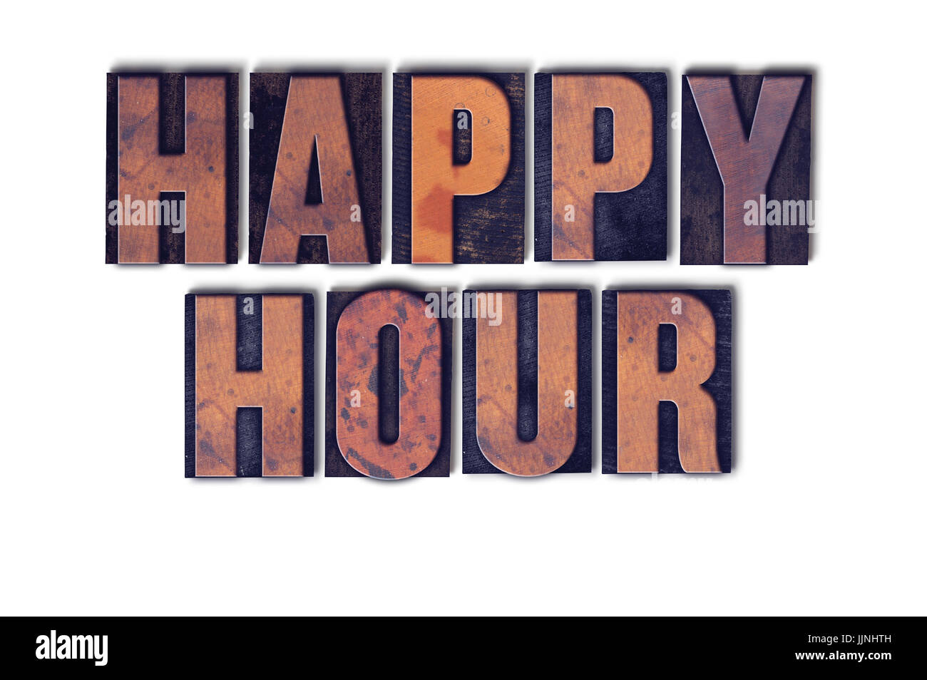 The words Happy Hour concept and theme written in vintage wooden ...