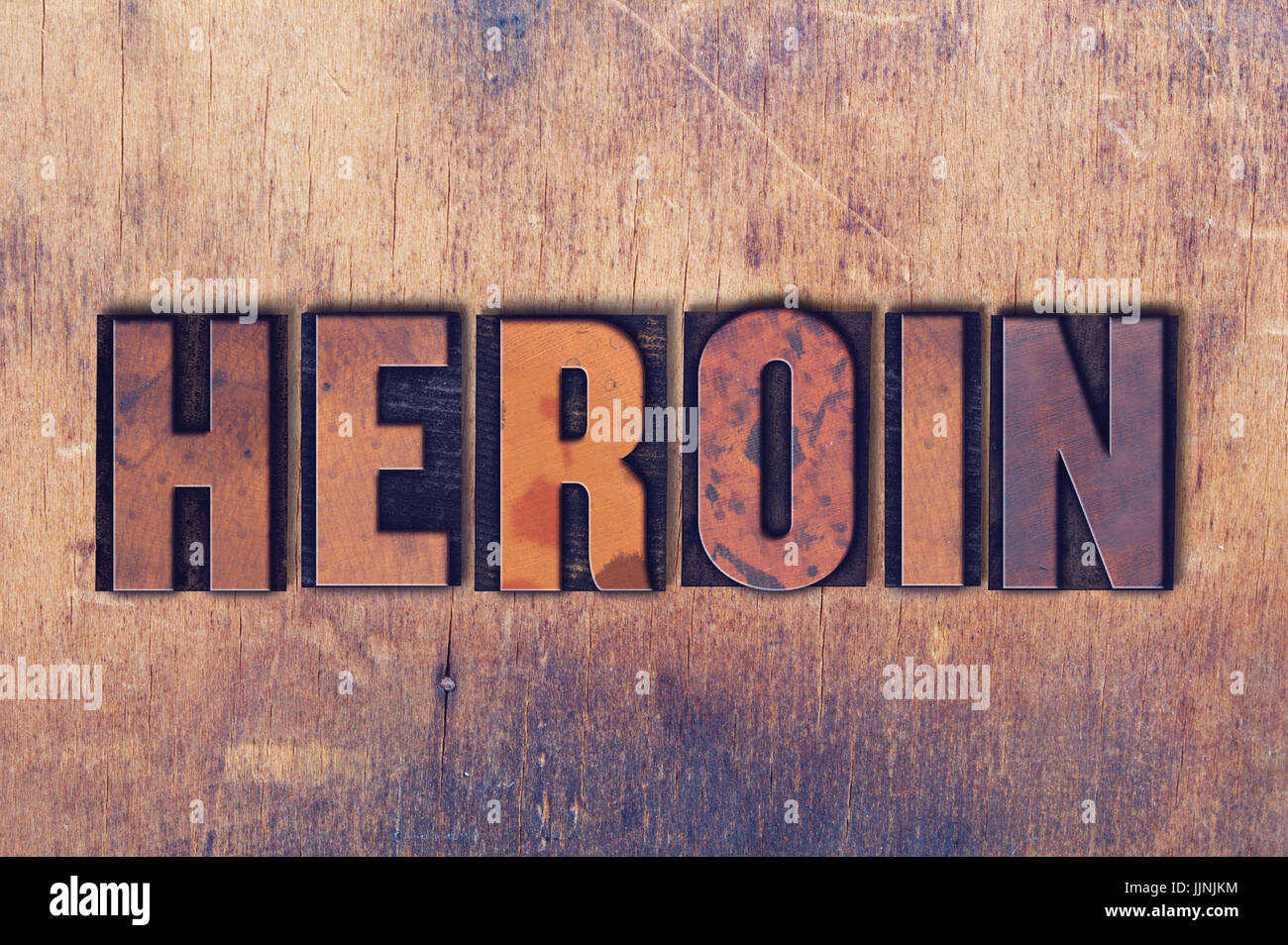 The word Heroin concept and theme written in vintage wooden letterpress ...
