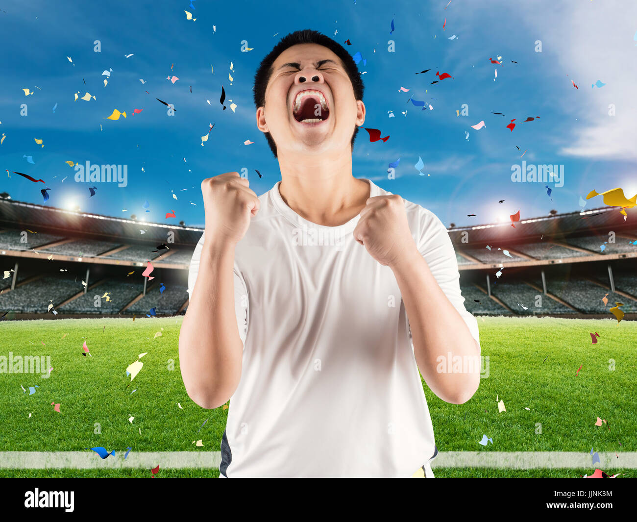 asian football fan celebrate with stadium and confetti background Stock ...