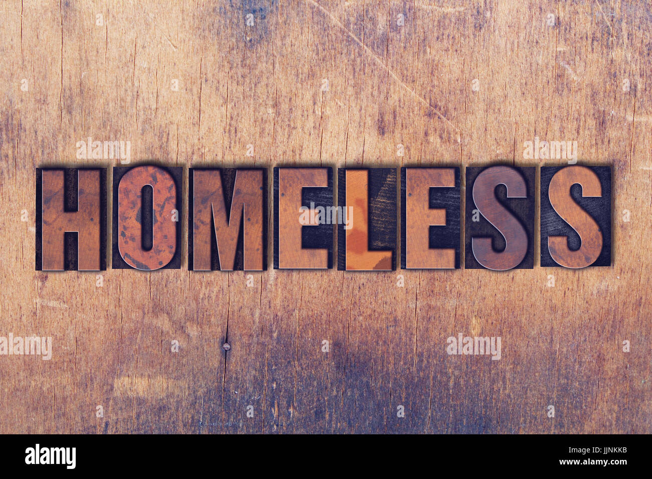 The word Homeless concept and theme written in vintage wooden ...