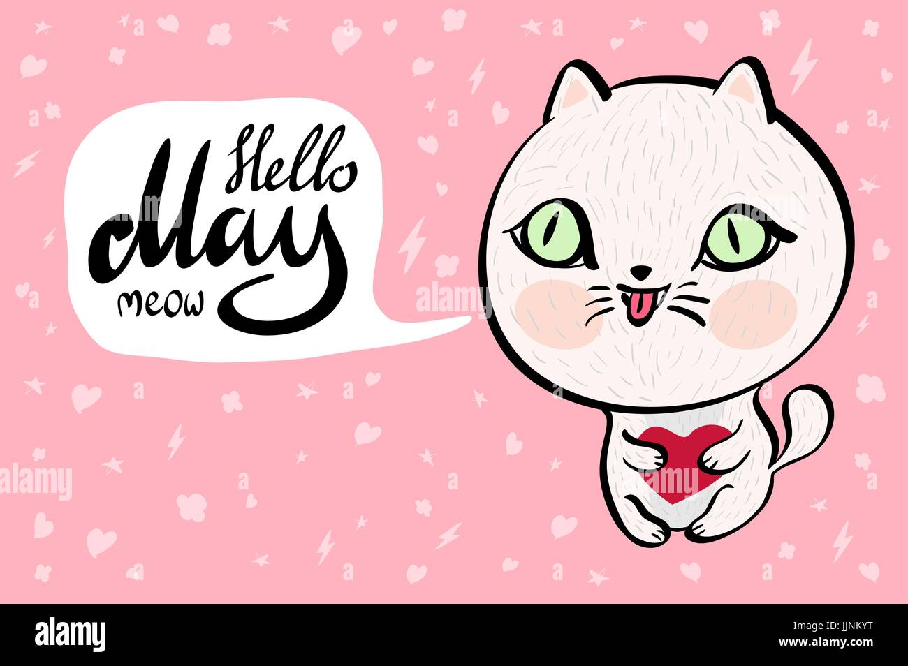 Cartoon cat with Hello May meow banner. background. Vector illustration ...