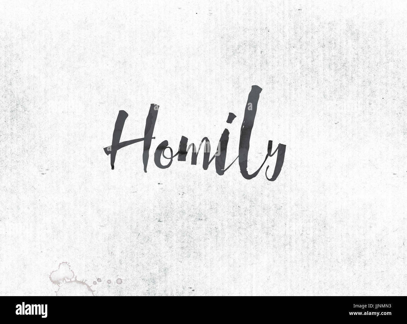 The word Homily concept and theme painted in black ink on a watercolor ...