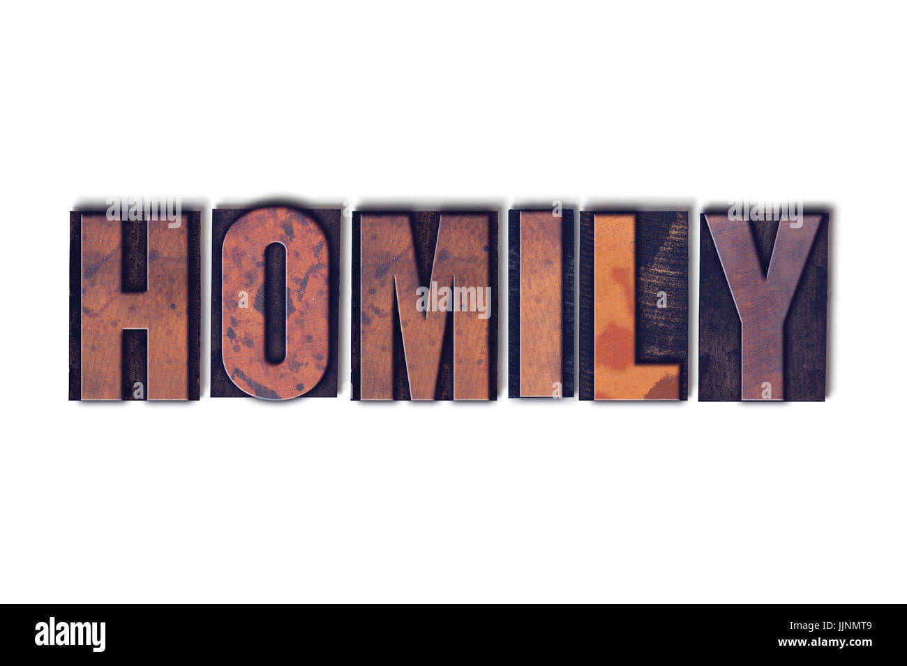 The word Homily concept and theme written in vintage wooden letterpress ...