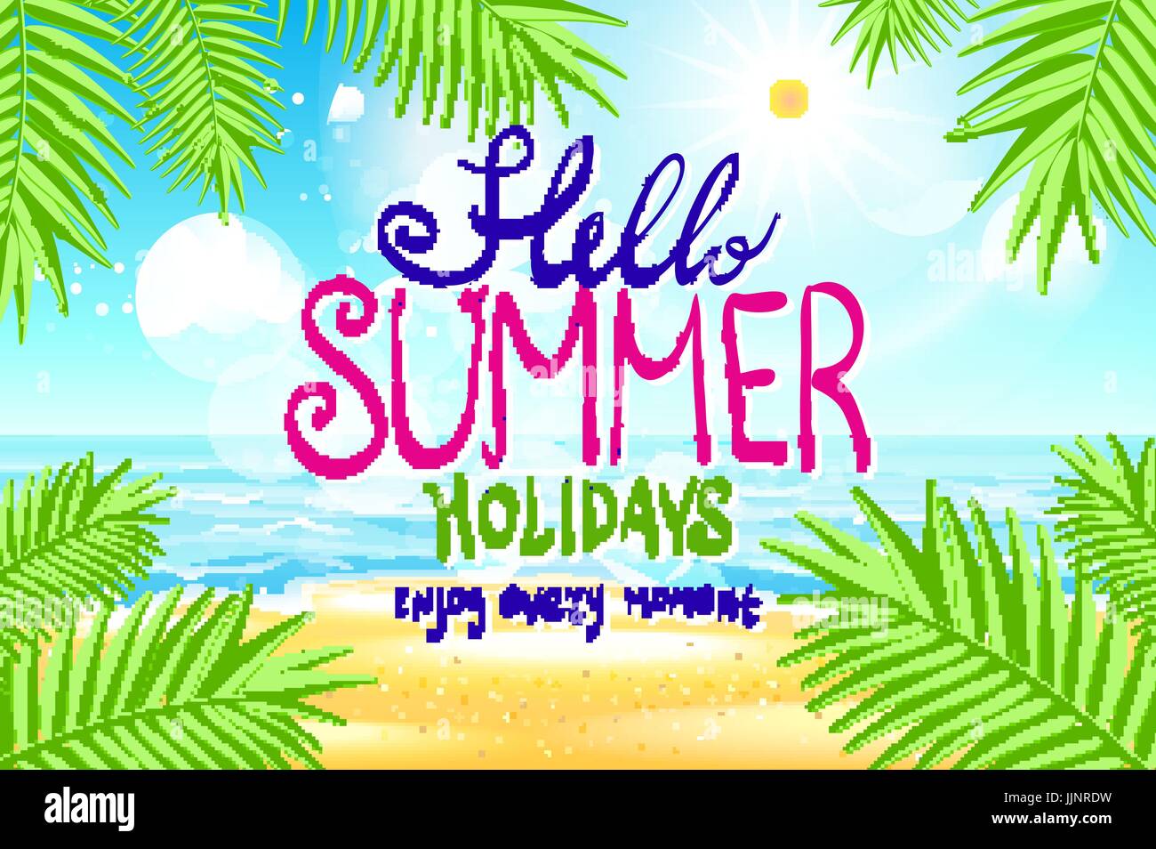 Hello summer. Poster on tropical beach background. Vector eps10. art ...