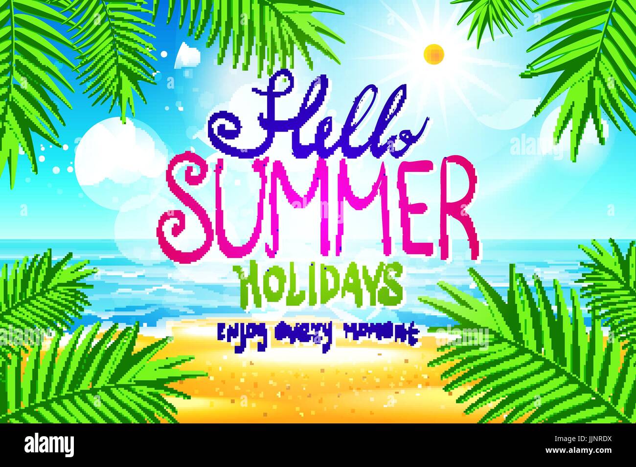 Hello summer. Poster on tropical beach background. Vector eps10. art ...