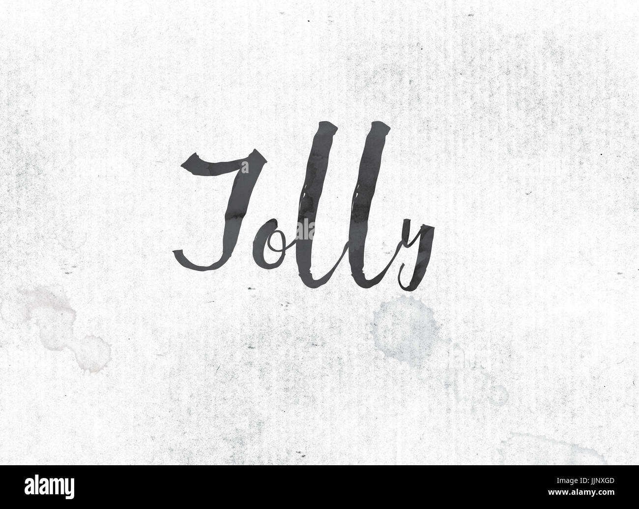 The word Jolly concept and theme painted in black ink on a watercolor ...