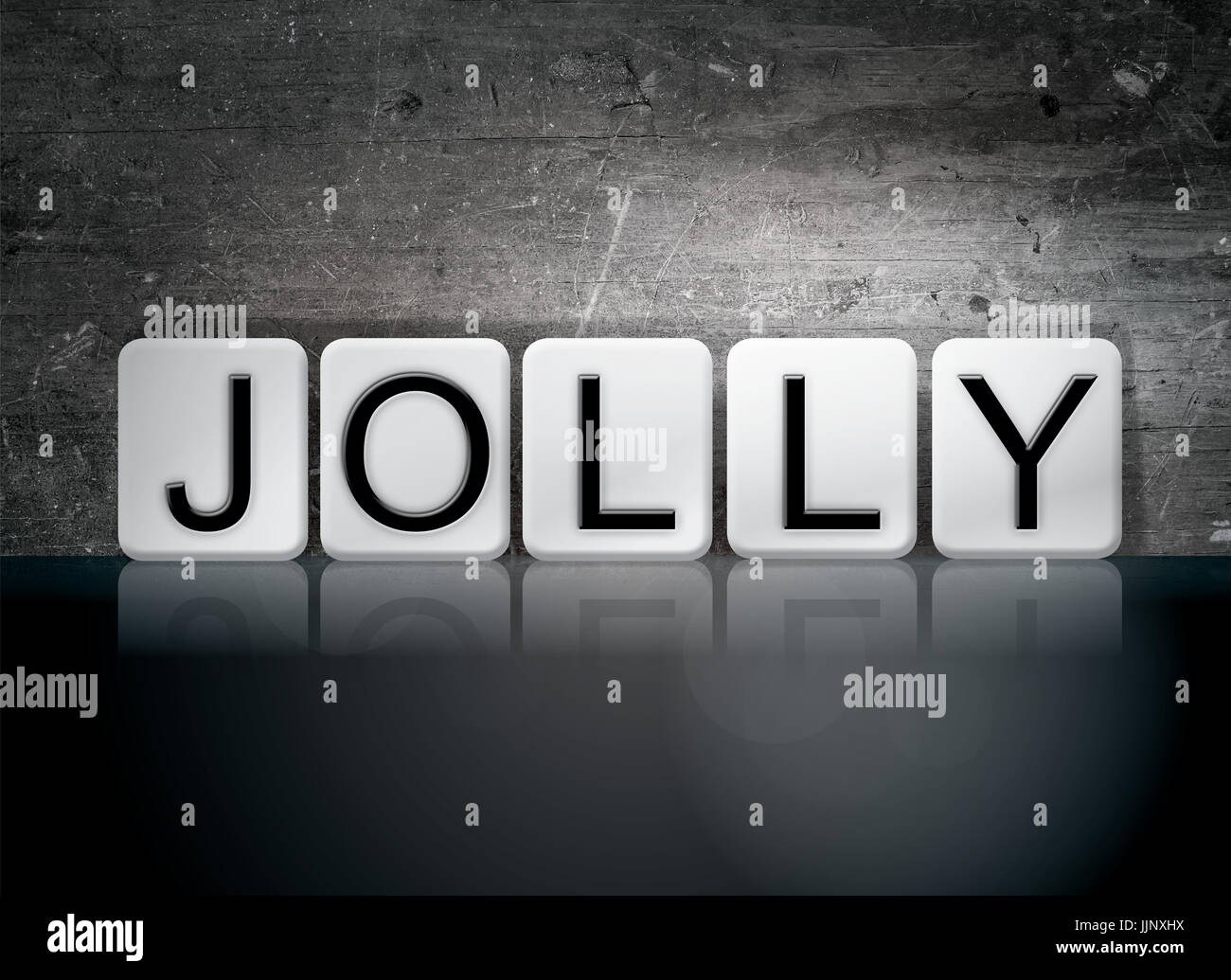 The word Jolly concept and theme written in white tiles on a dark ...
