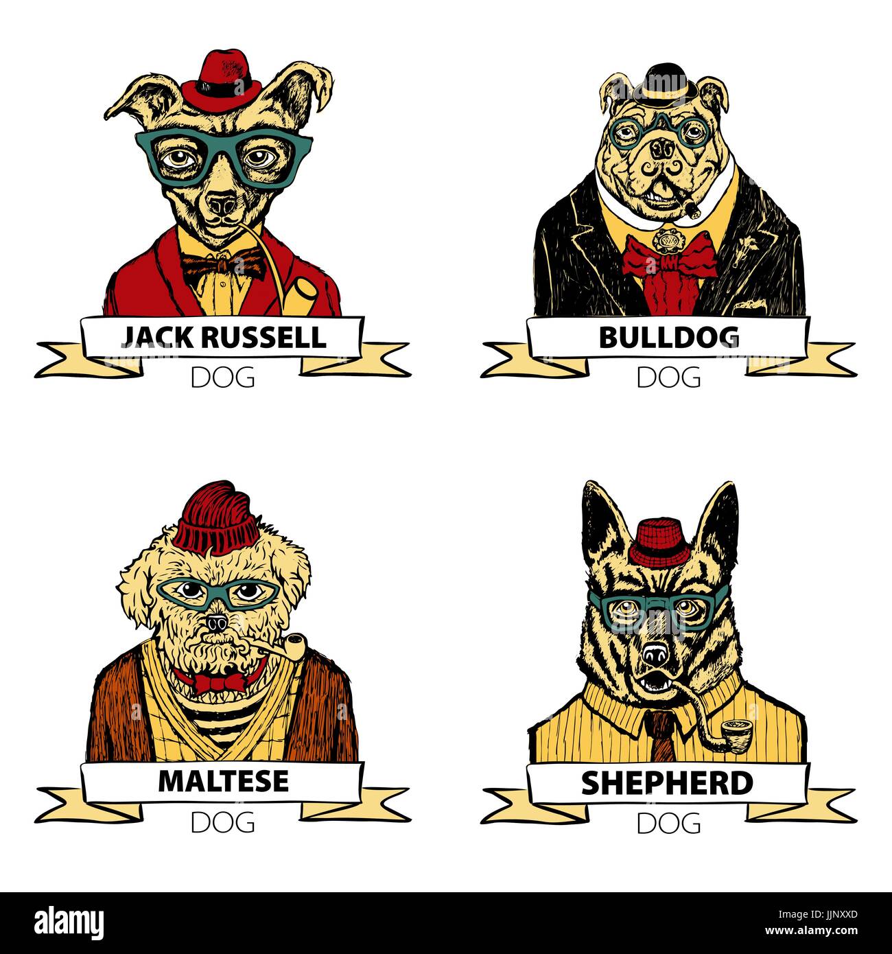 Hipster animals set dog, Large group of dog breeds, isolated vector art ...