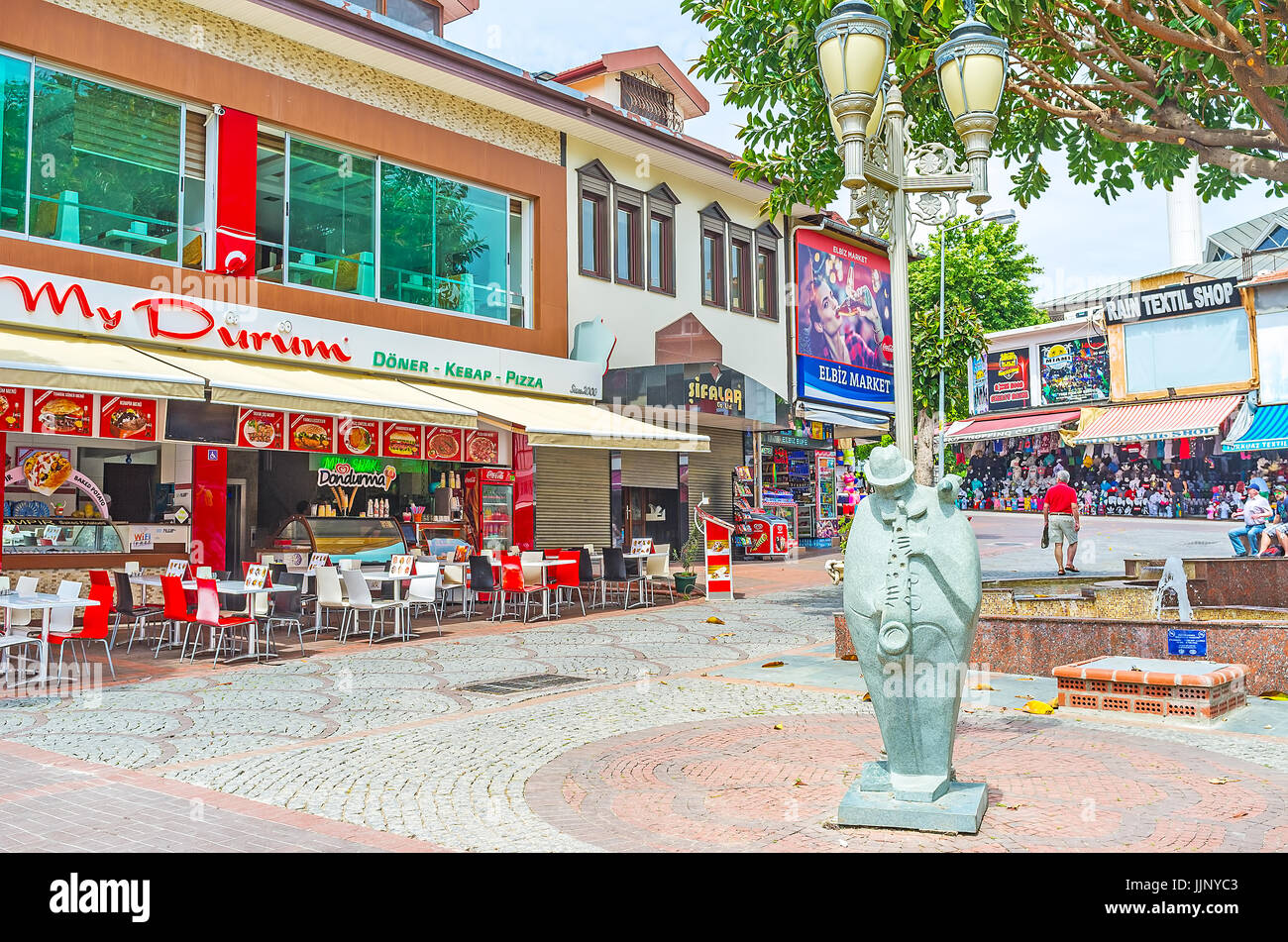 ALANYA, TURKEY - MAY 9, 2017: The sculpture of musician with saxophone ...