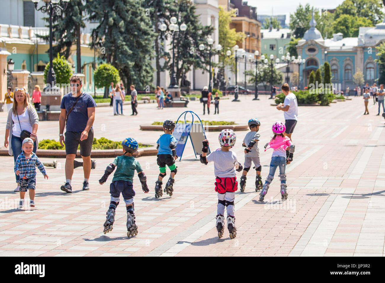 Kiev, Ukraine the 8th of July - A group of children in sport equipment ...