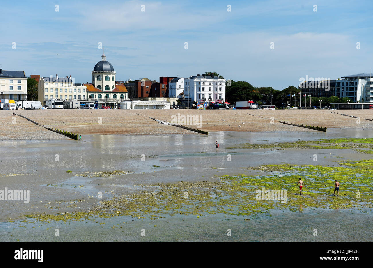 Worthing West Sussex UK - Low tide on the beach with the famous Dome ...