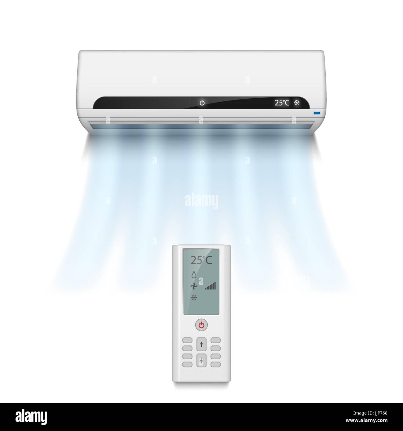 Realistic air conditioner isolated on white with cold air symbols ...