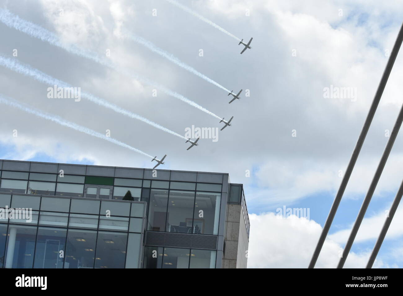 Irish air corps pilots fly over the river Liffey in Dublin. (Photo by ...