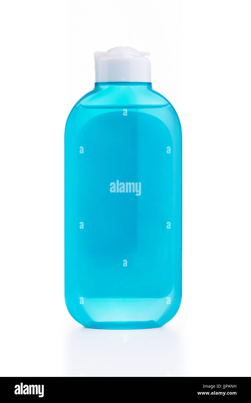 The blue plastic bottle with blue empty label isolated on white Stock ...