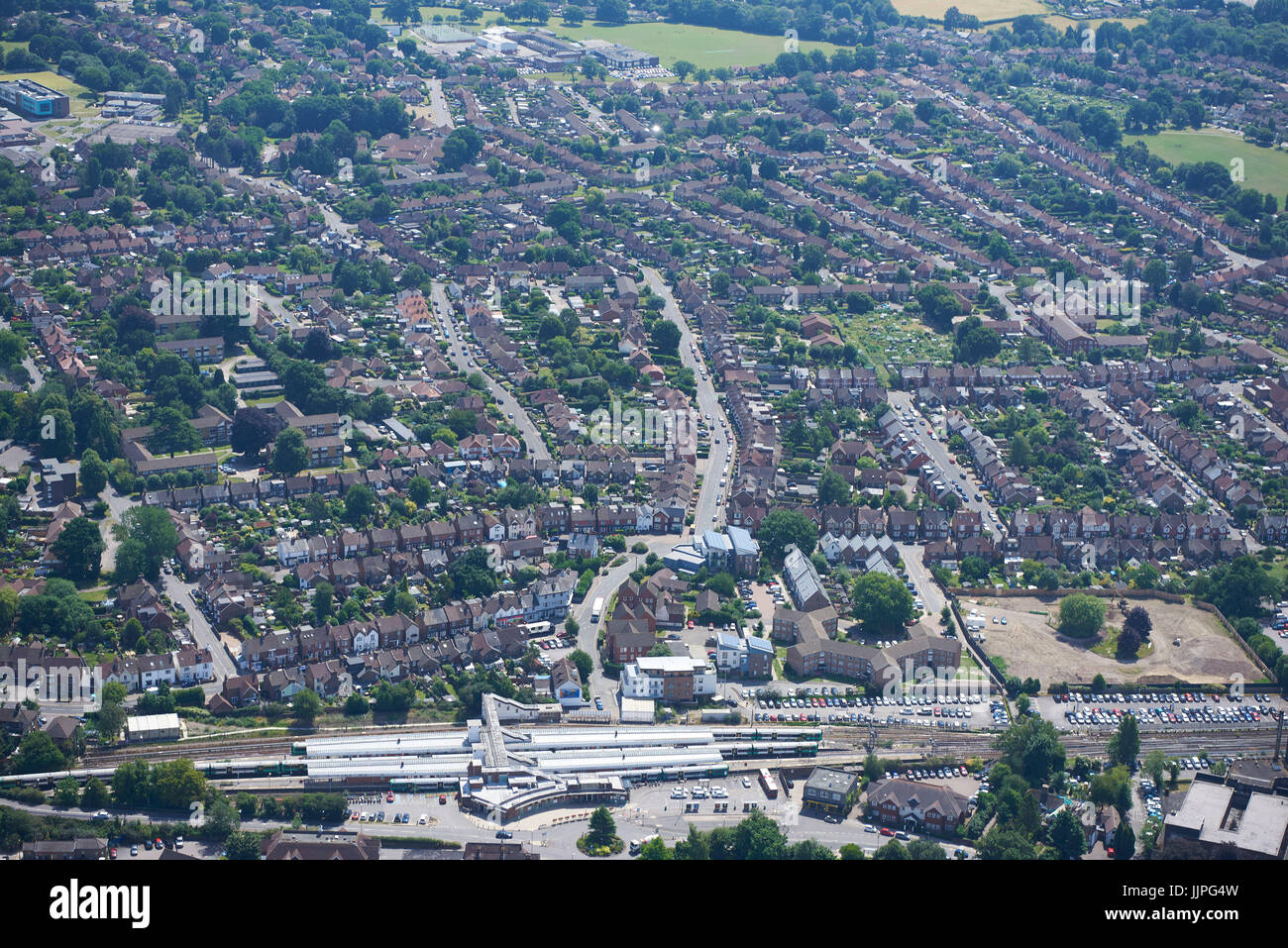 An aerial view of Horsham Railway Station, Sussex, South East England ...